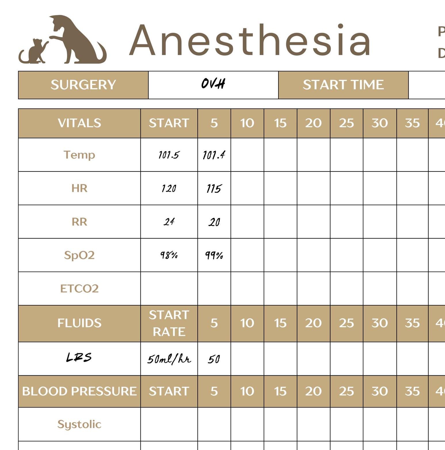 Anesthesia Monitoring Form | Veterinary Surgery Records | Printable PDF ...