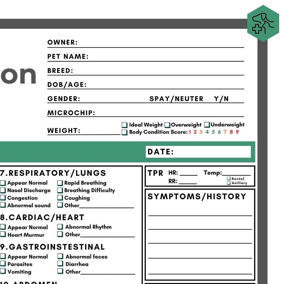 New! Expanded Customizable Physical Exam Form | Veterinary Hospital Blank Printable PDF | Vet ...