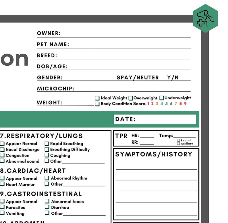 Expanded Physical Exam Form Customizable Logo | Veterinary Hospital ...