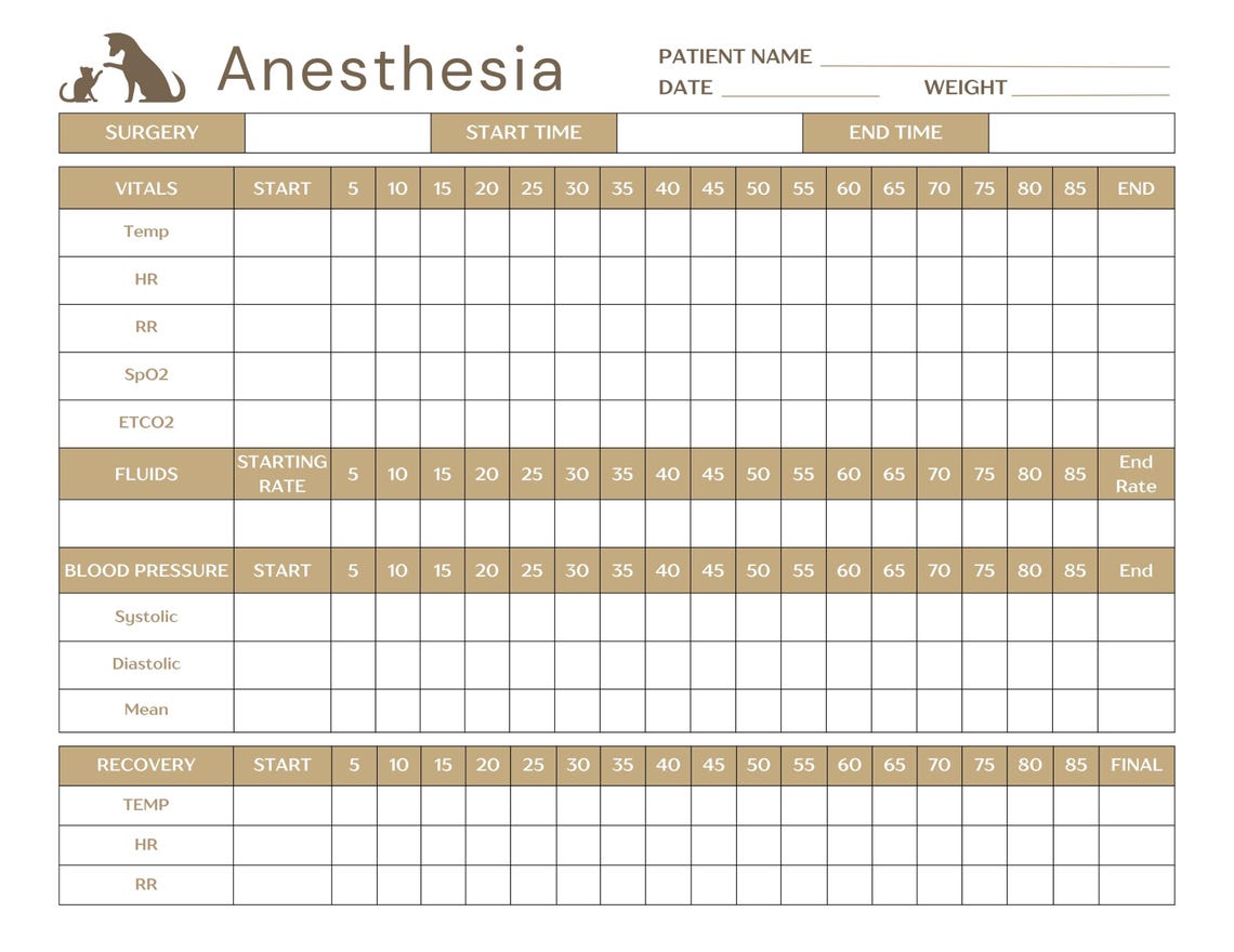 Anesthesia Monitoring Form | Veterinary Surgery Records | Printable PDF ...