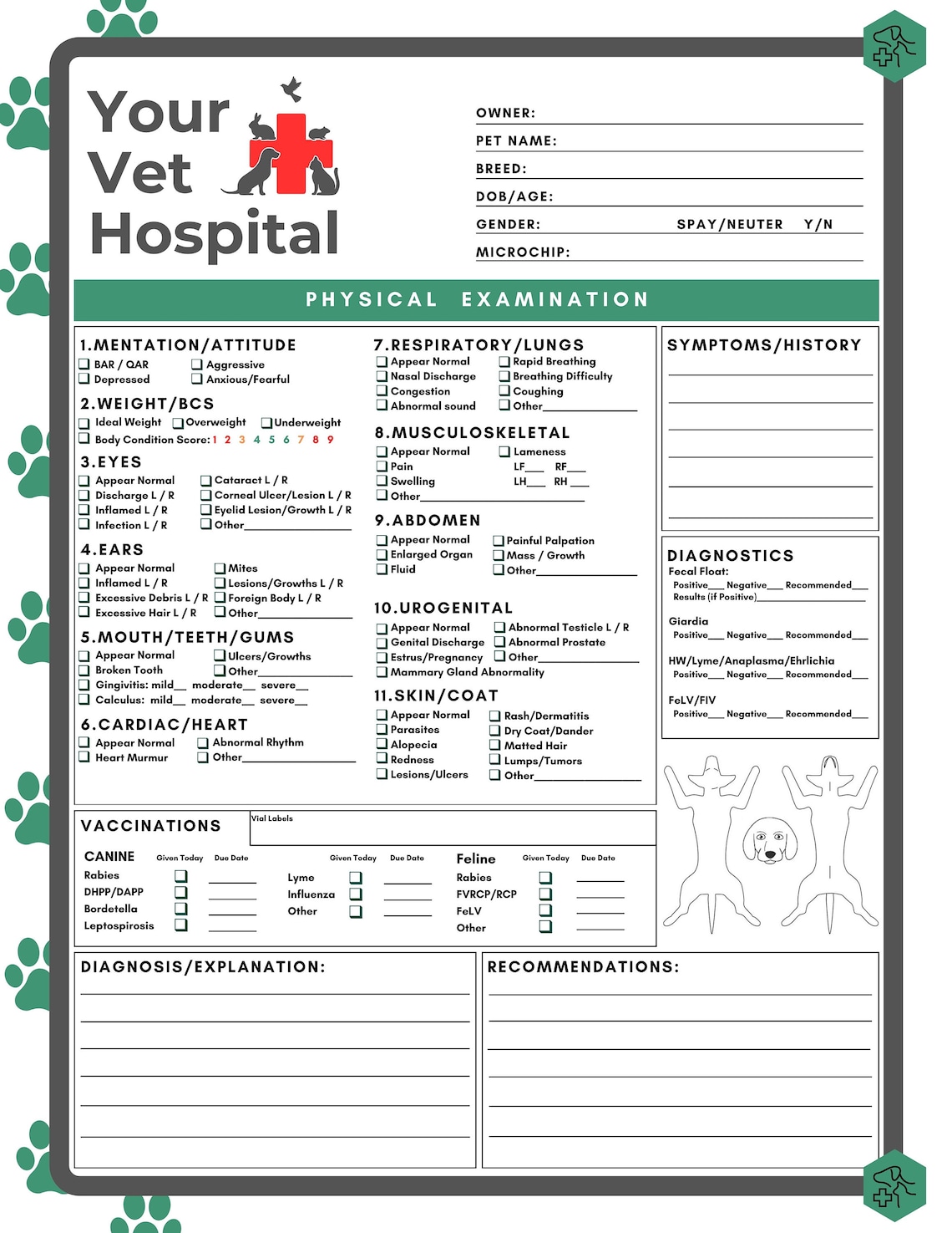 Physical Exam Form With Customizable Logo | Veterinary Hospital Blank ...