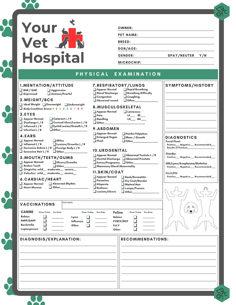 Customizable Physical Exam Form | Veterinary Hospital Blank Printable ...