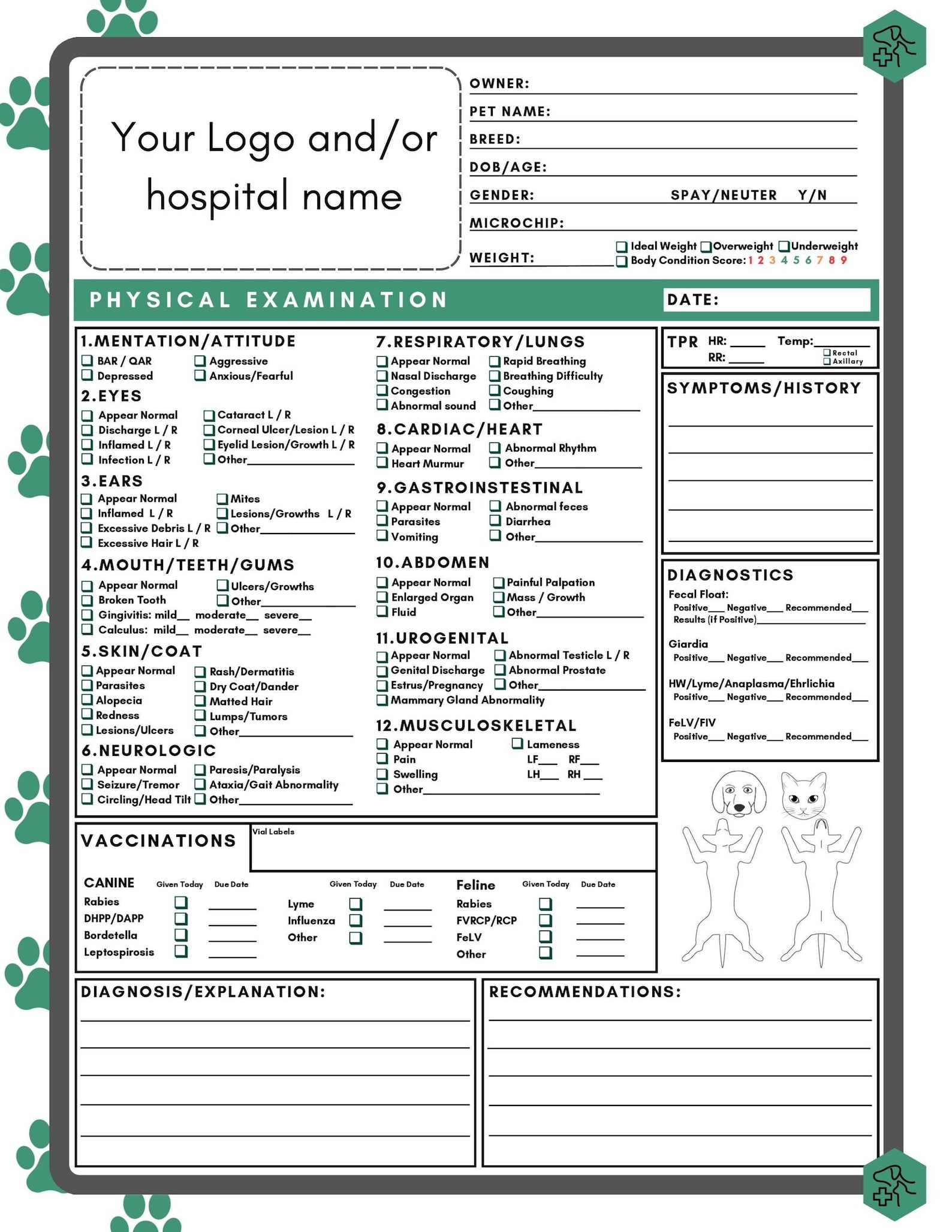 Expanded Physical Exam Form Customizable Logo | Veterinary Hospital ...