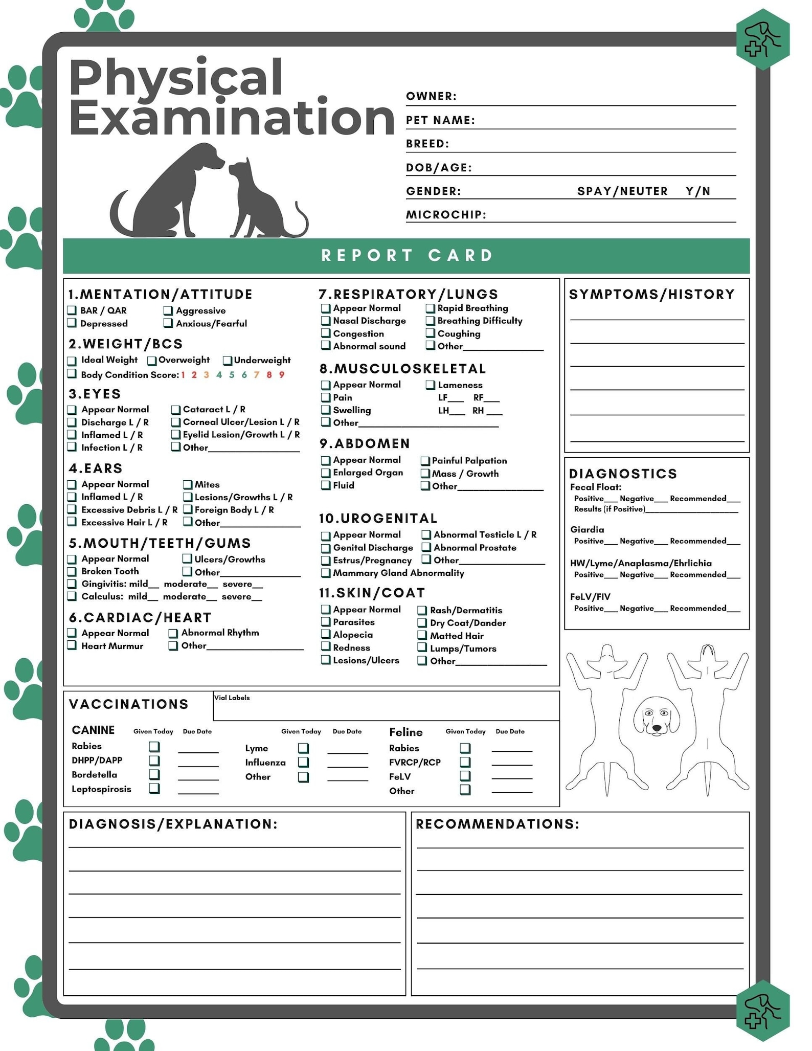 Physical Exam Form | Veterinary Hospital Blank Fillable Exam Page ...