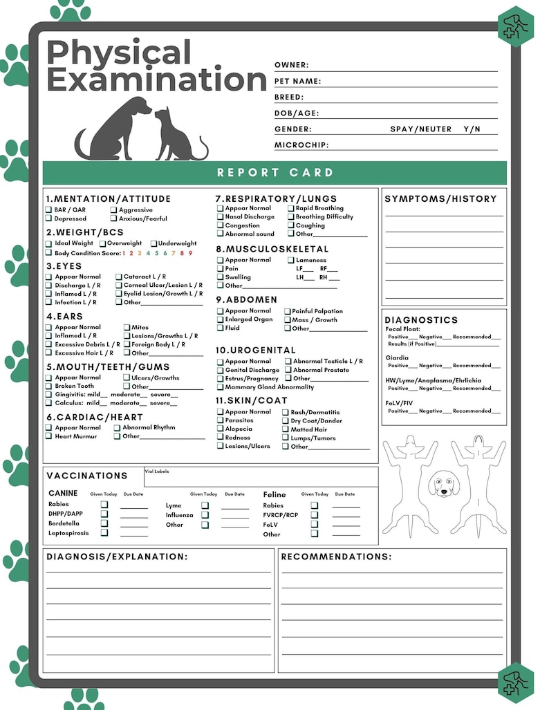 Physical Exam Form | Veterinary Hospital Blank Exam Page | Printable ...
