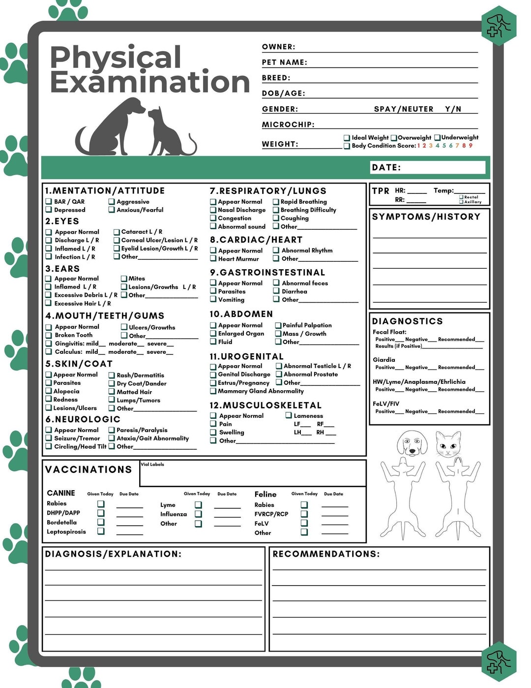 New! Expanded Physical Exam Form With More Sections | Veterinary ...