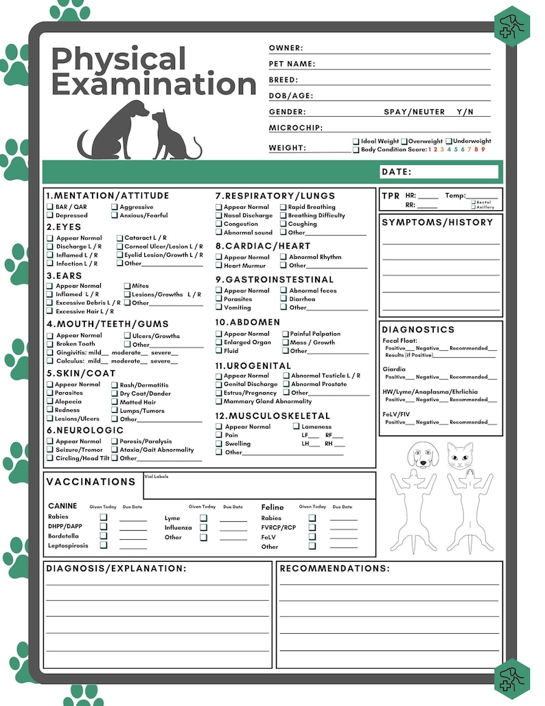 New! Expanded Physical Exam Form With More Sections | Veterinary ...