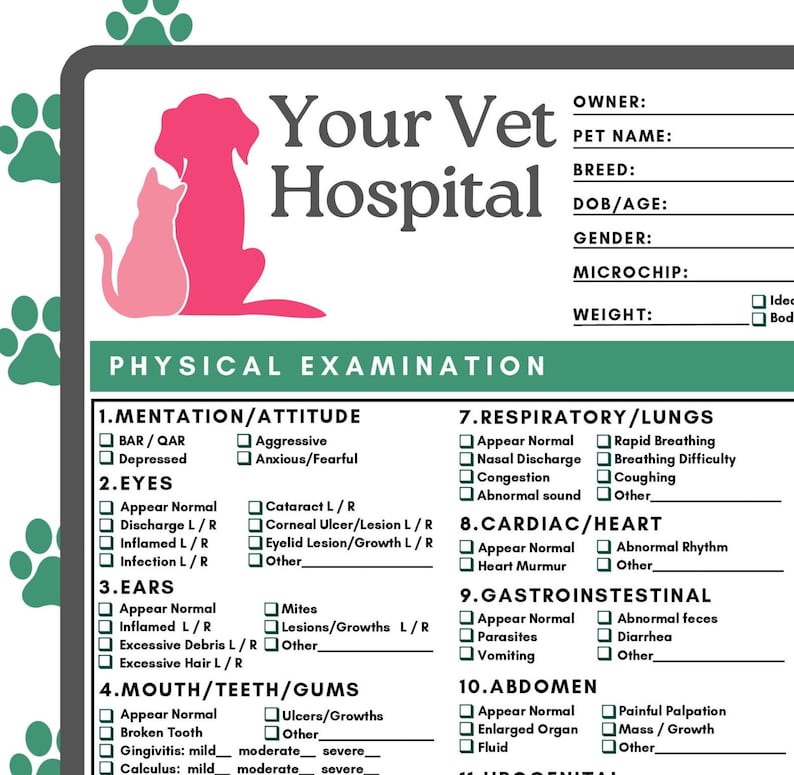 Expanded Physical Exam Form Customizable Logo | Veterinary Hospital ...