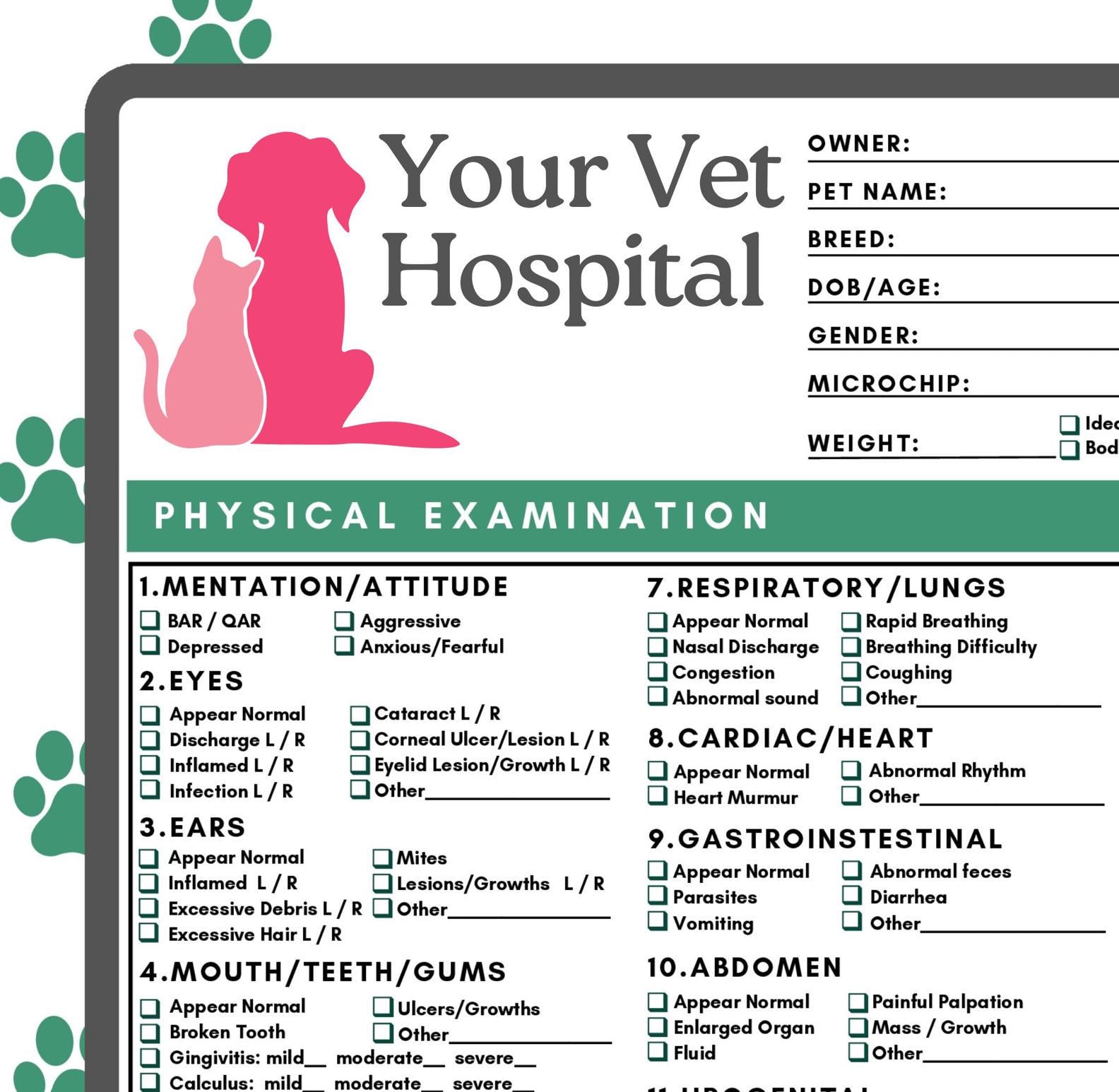 New! Expanded Customizable Physical Exam Form | Veterinary Hospital ...