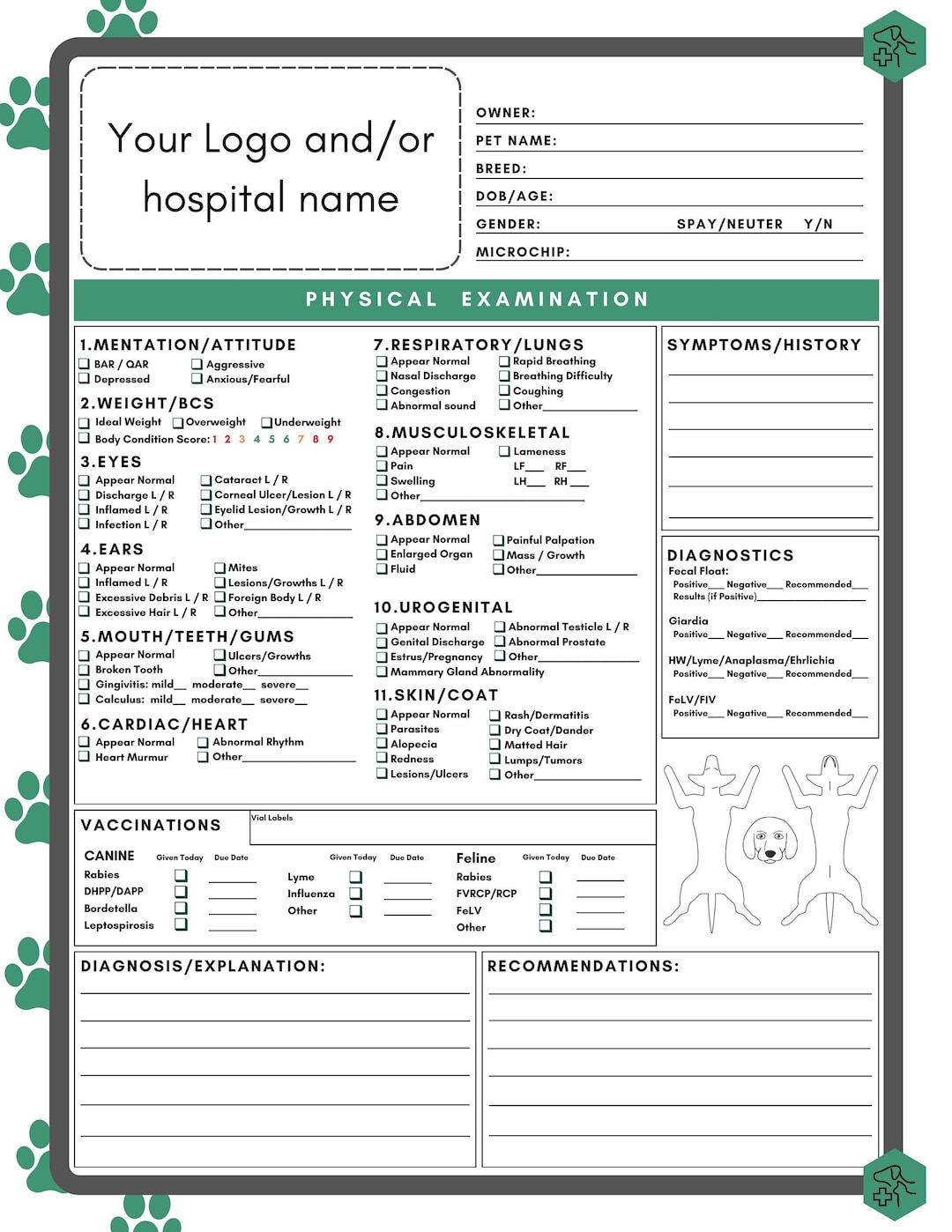 Customizable Physical Exam Form | Veterinary Hospital Blank Printable ...