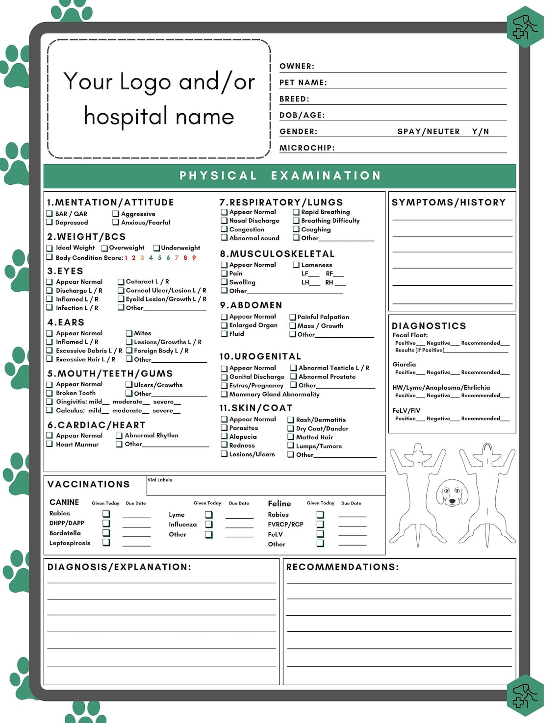 Physical Exam Form With Customizable Logo | Veterinary Hospital Blank ...