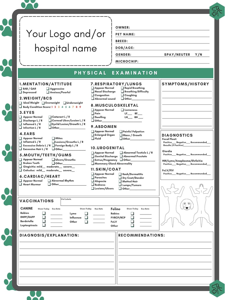 Customizable Physical Exam Form | Veterinary Hospital Blank Printable ...
