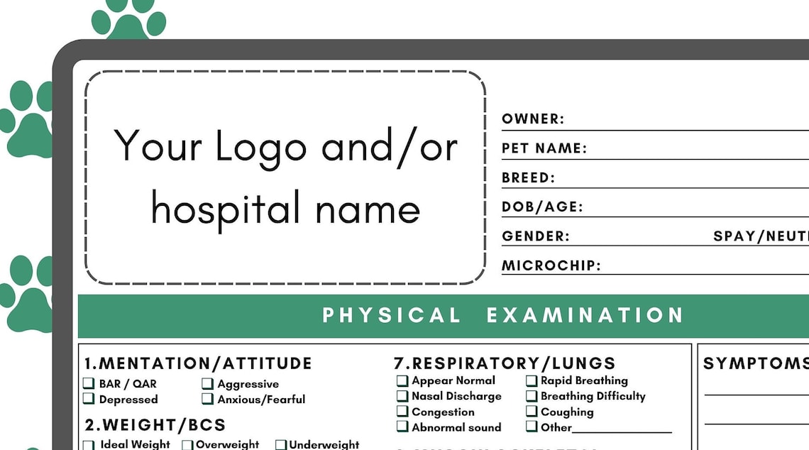 Customizable Physical Exam Form | Veterinary Hospital Blank Printable ...