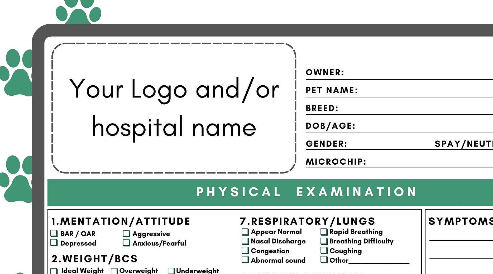Customizable Physical Exam Form | Veterinary Hospital Blank Printable ...