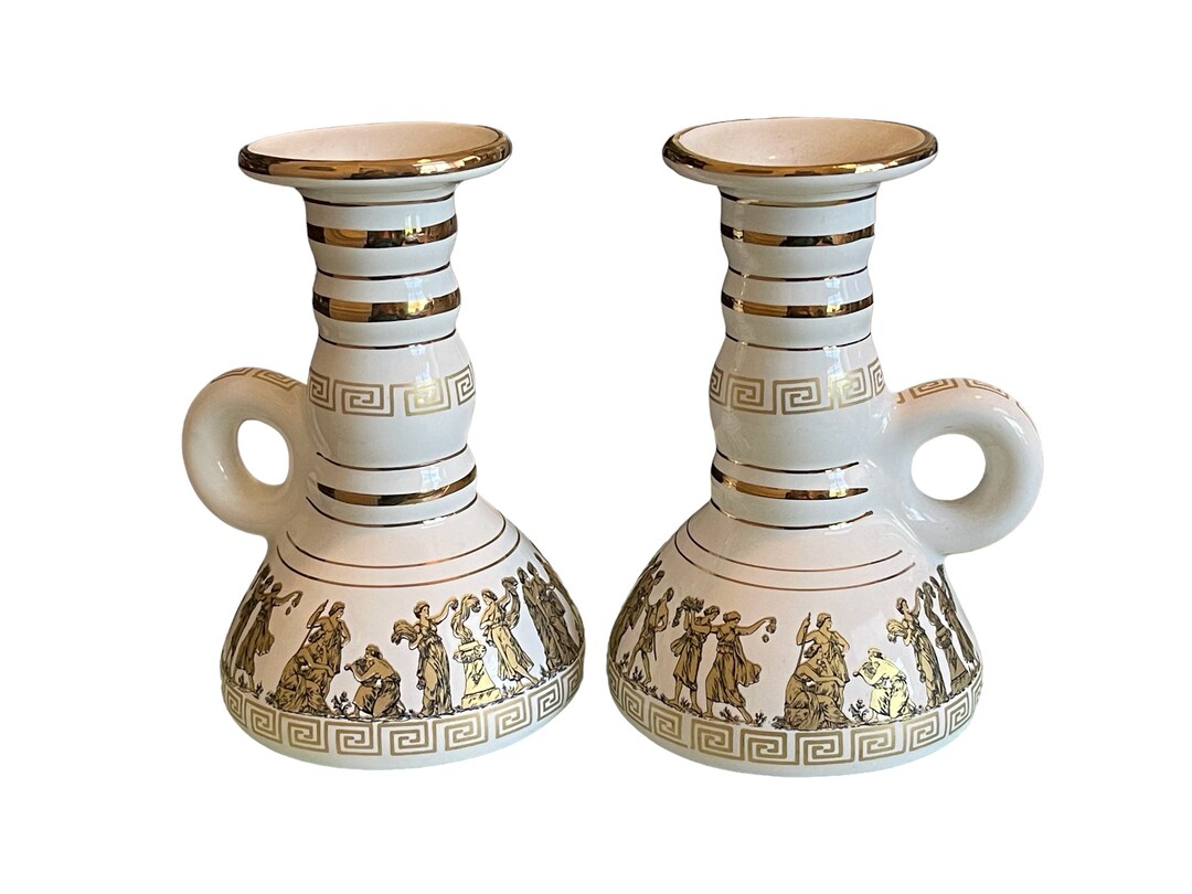 Greek Design Greek Key 24 Carat Gold White Candle Stick Holders Made in ...