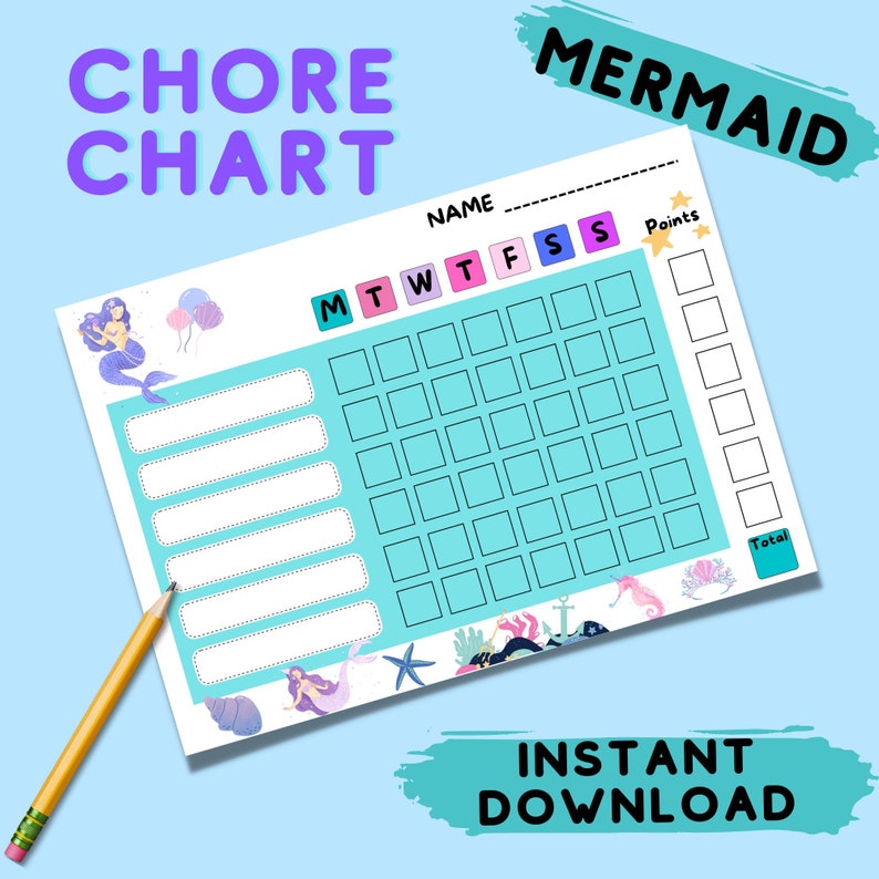 Chore Chart, Mermaid Theme, Kids Chore Chart, Chore Chart Printable ...