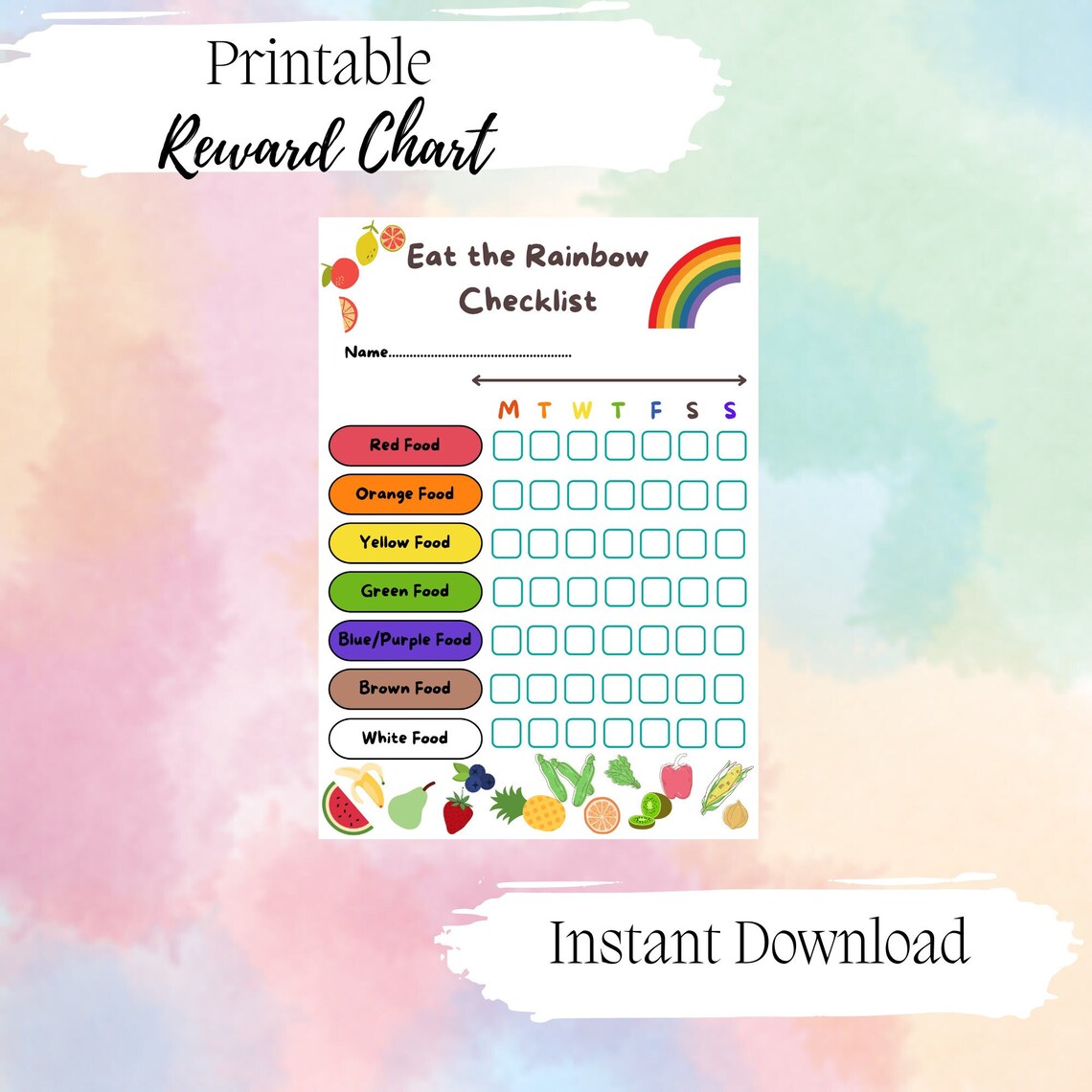 Eat the Rainbow Printable Chart, Kids Nutrition, Healthy Food Tracker ...