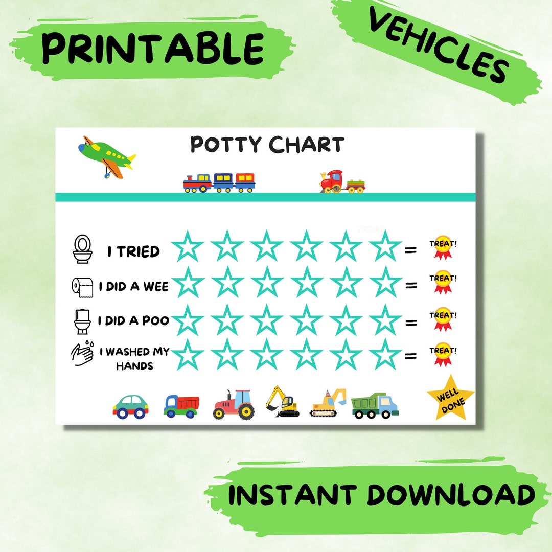 Potty Chart, Printable Potty Chart, Vehicle Theme, Reward Chart, Toilet ...