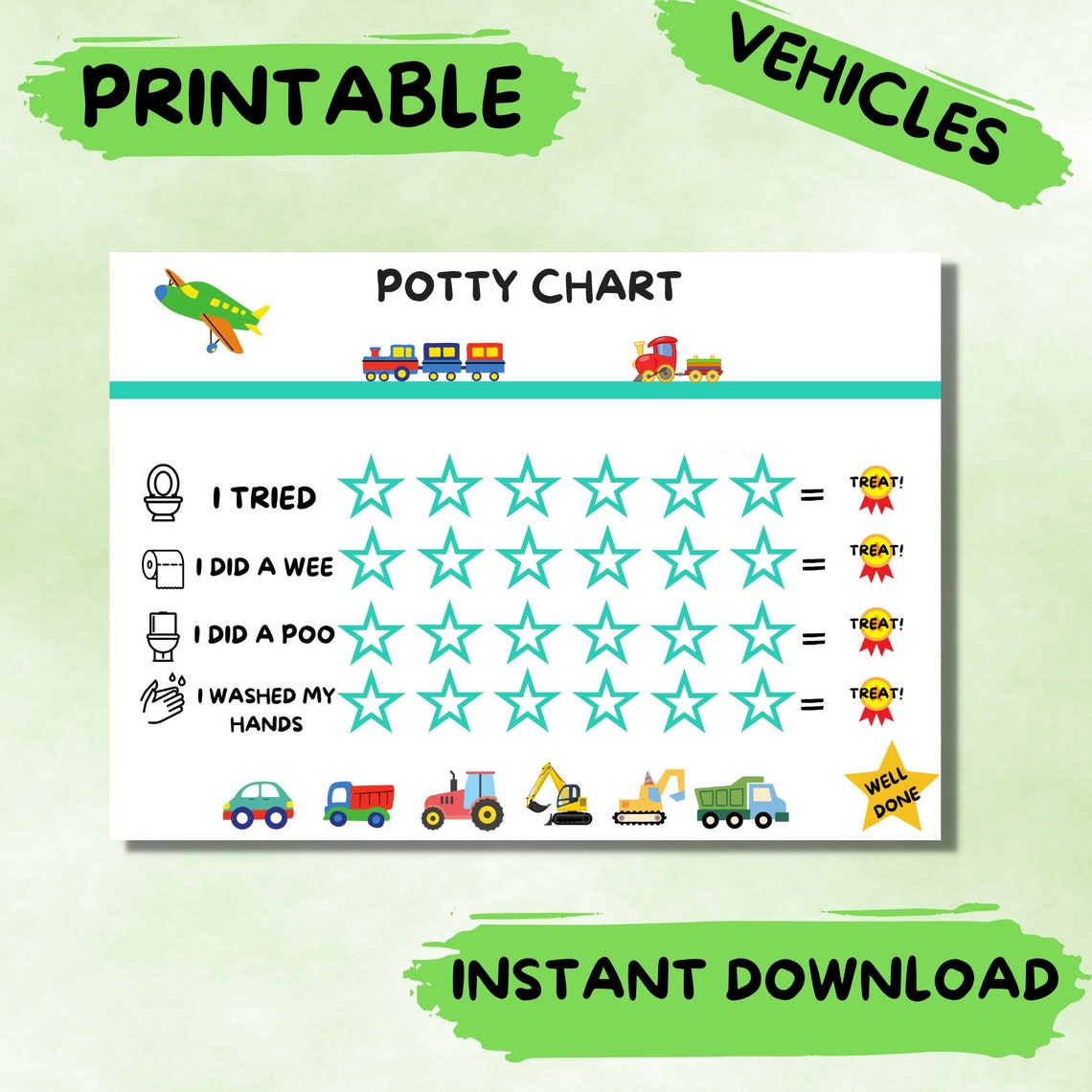 Potty Chart, Printable Potty Chart, Vehicle Theme, Reward Chart, Toilet ...