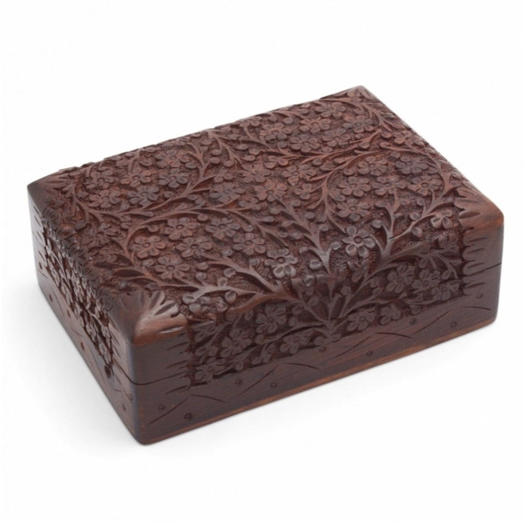 Hand Crafted Sheesham Floral Wood Box / Jewellery Box, Tarot Card Box ...