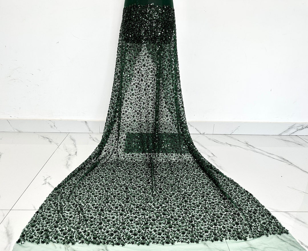 Green 3D Floral Sequined Tulle Fabric, Heavy Sequined Lace Fabric ...