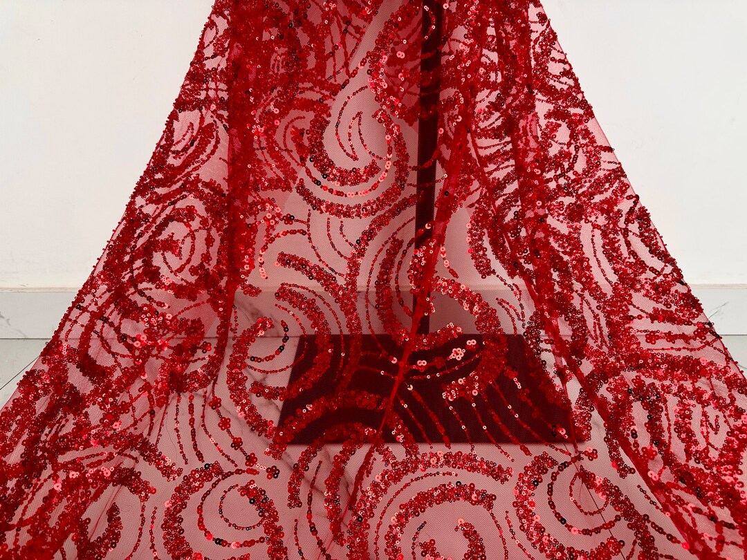 Red Irregular Beaded Sequin Lace Fabric, Sequin Mesh Fabric, Party ...