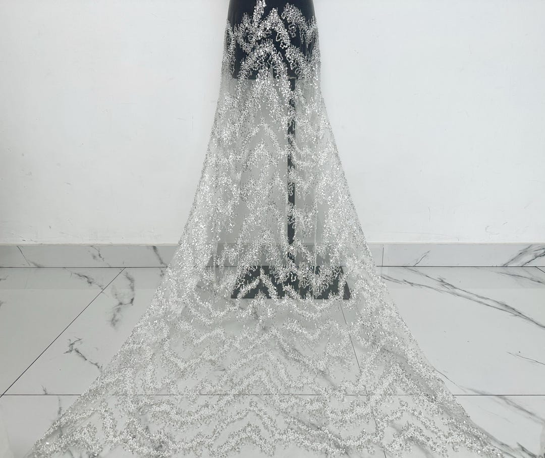 Off White Sequin Lace Fabric,wave Heavy Beaded Fabric,bridal Wedding ...