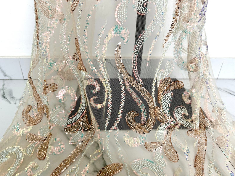 Sparkling Sequin Floral Lace Fabric, Embroidered Beaded Wedding Bridal ...