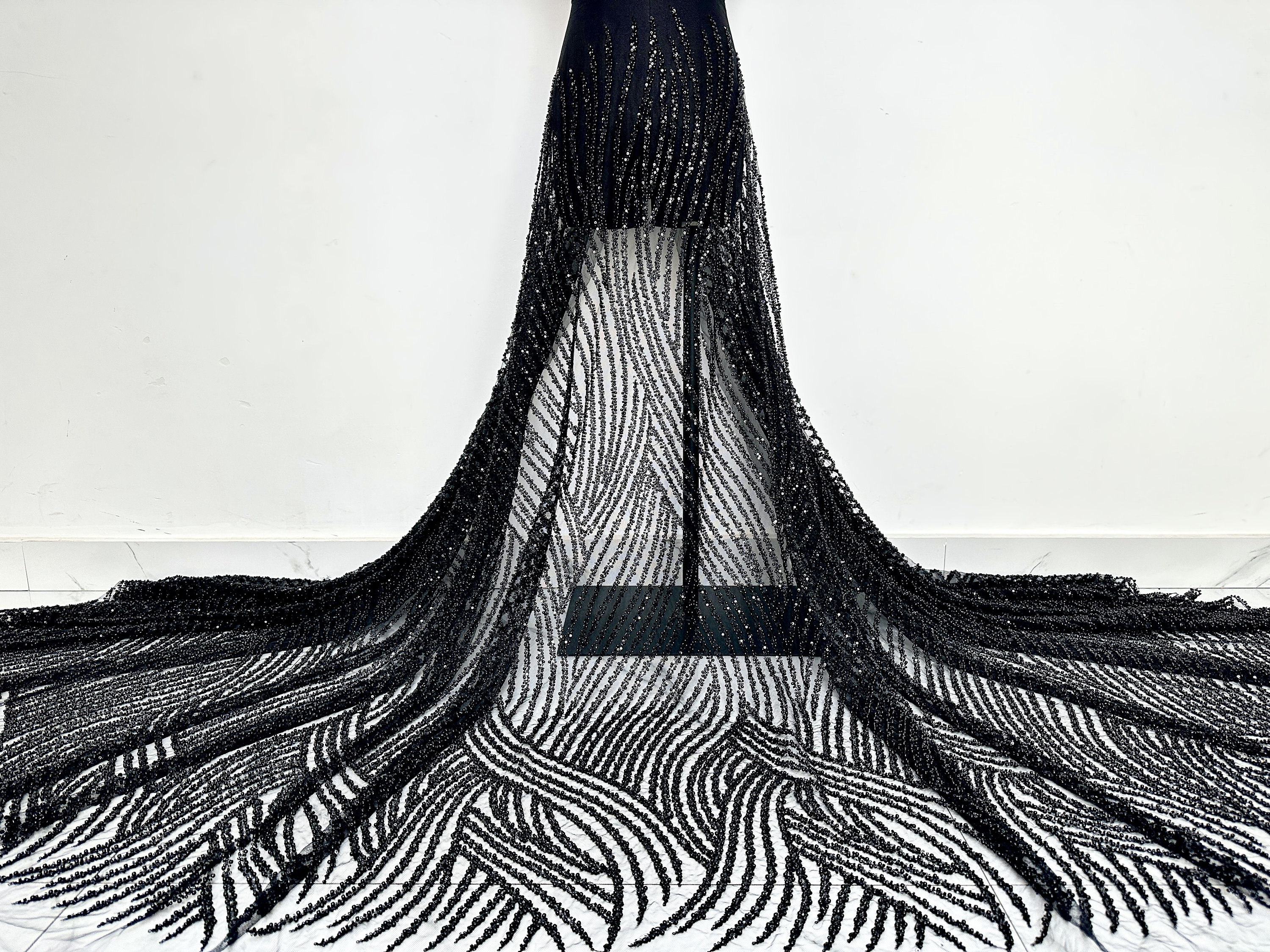 Black Heavy Beaded Lace Fabric, High Quality Beaded Sequin Fabric, Lace ...