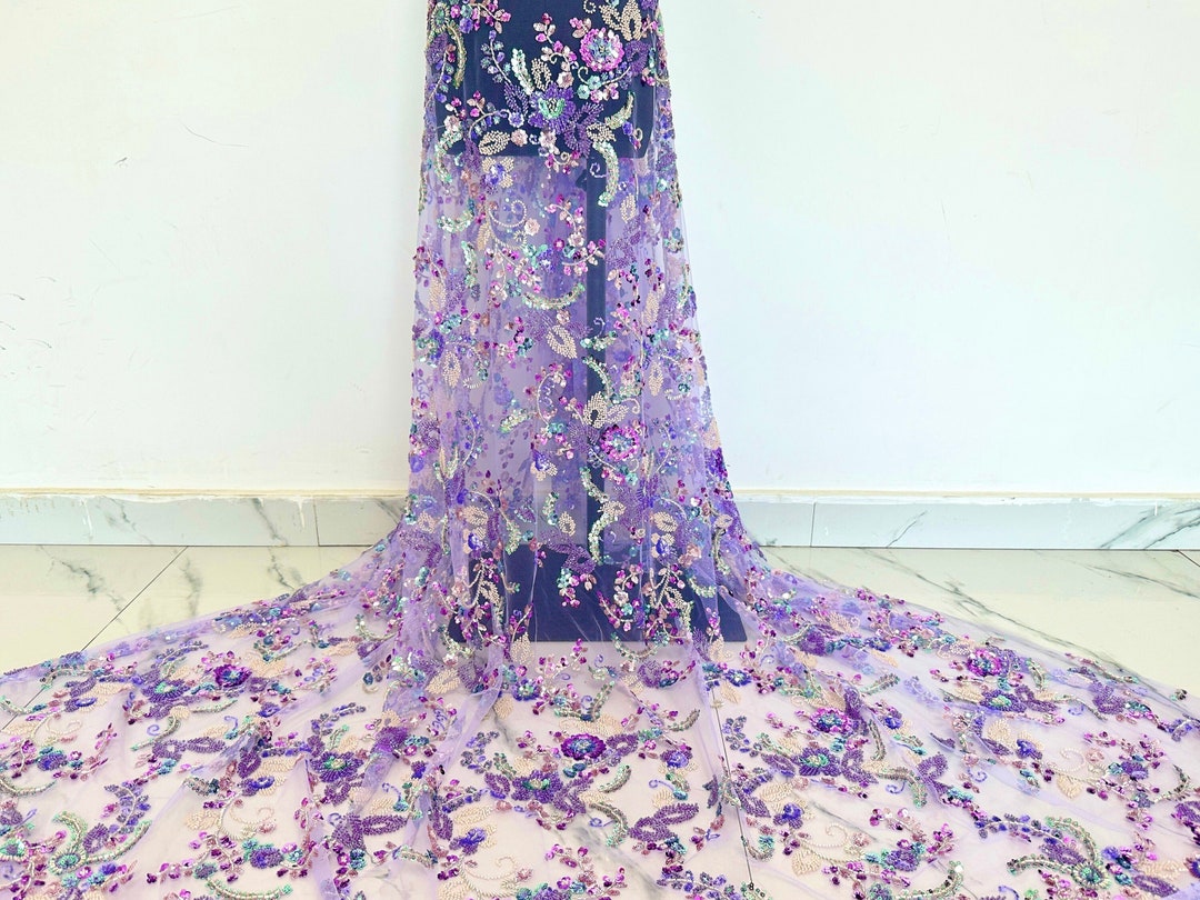 Purple Sequin Lace Fabric, Floral Sequin Net, Sequined Tulle Lace ...