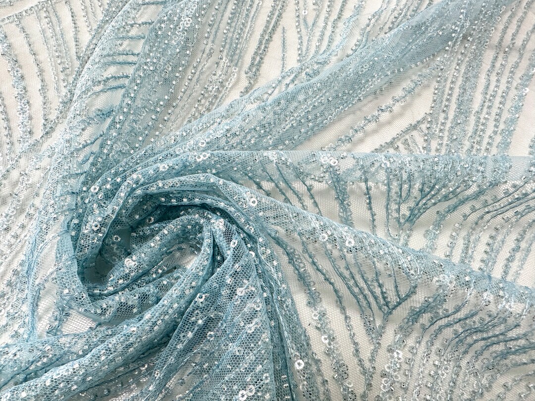 Blue Sequin Beaded Fabric, DIY Dress Fabric, Lace Fabric, Wedding Dress ...