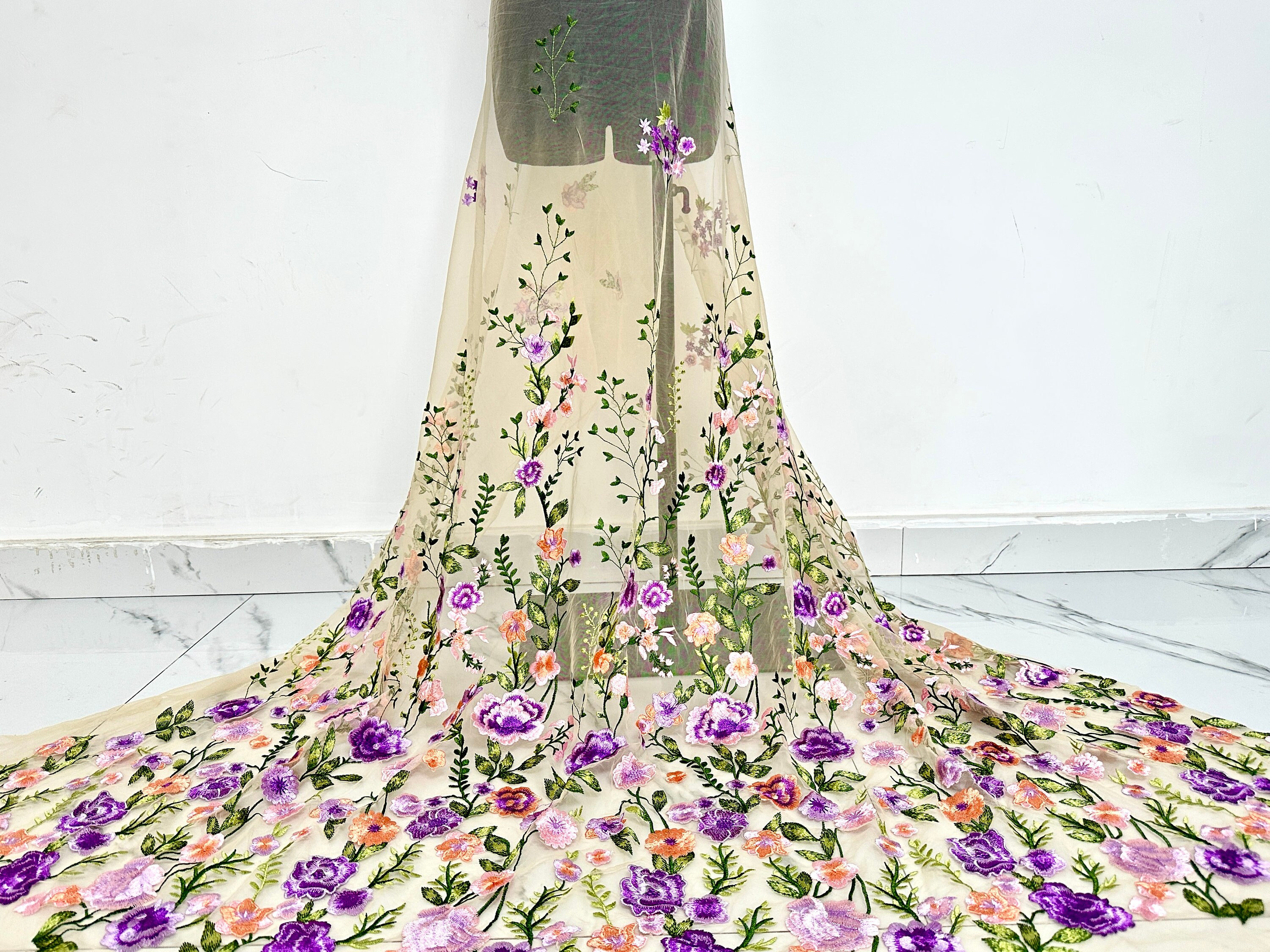 Purple Floral Fabric,champagne Mesh Fabric,evening Dresses Fabric ...