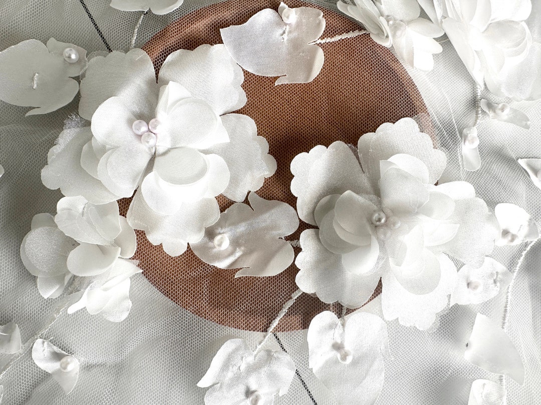 3D Three-dimensional Flower Tulle Fabric, White Flower Mesh Fabric, DIY ...