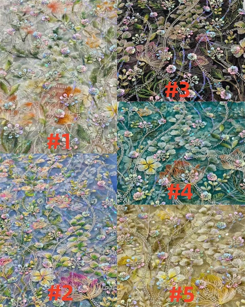 Green Embroidered Sequin Floral Fabric, Lace Mesh, Sequin Beaded Tulle ...
