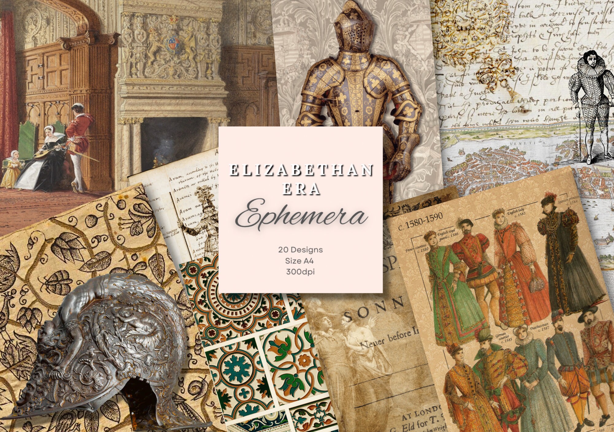 Vintage Elizabethan Era Digital Paper for Scrapbooking, Journaling ...