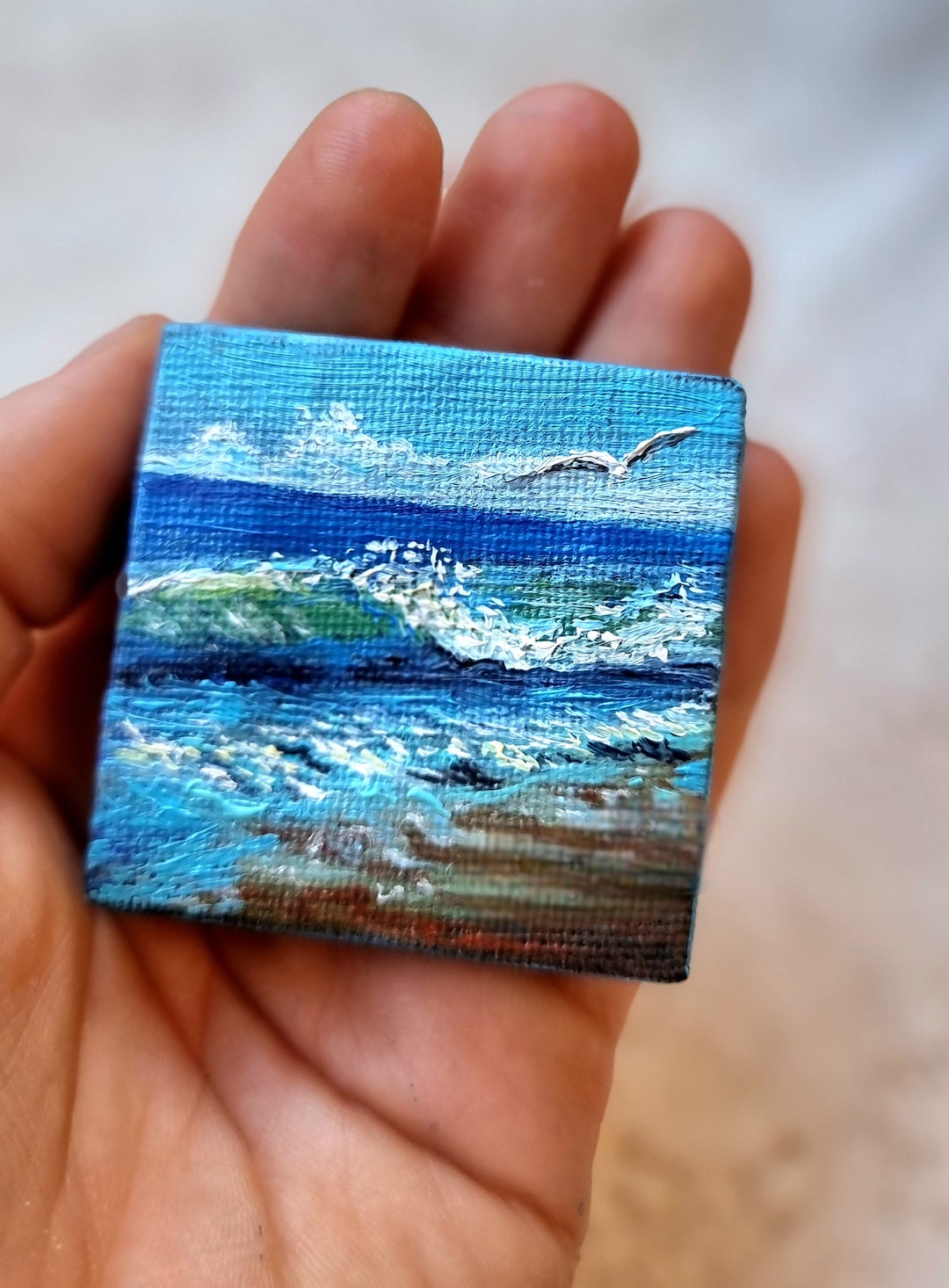 Miniature Seascape Oil Painting: Wave and Seagull, 2x2 Canvas - Etsy
