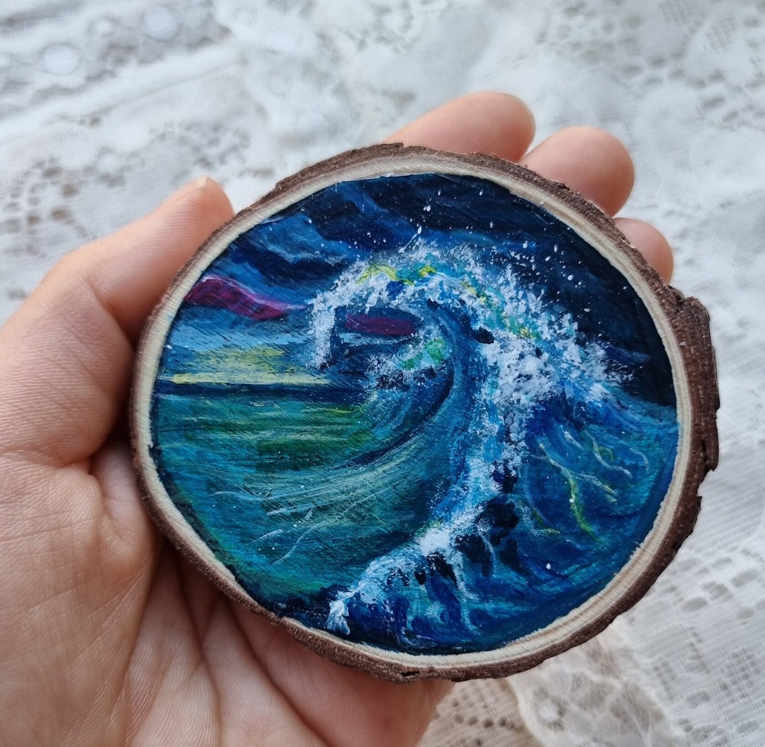 Miniature Ocean Wave Painting: Acrylic Seascape Art on Wood (2x2.8 ...