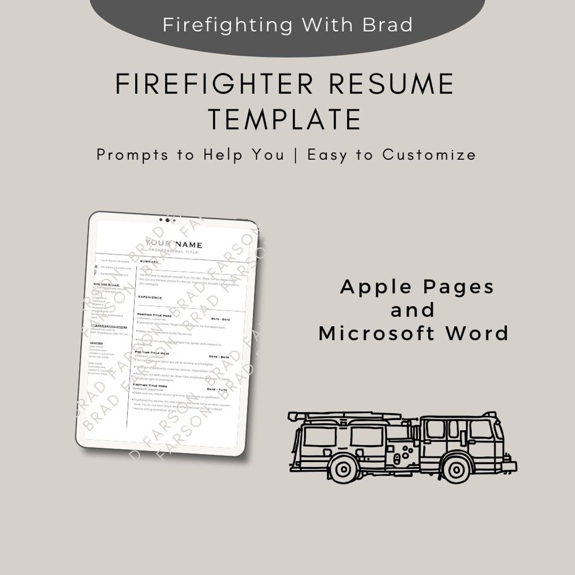 Modern Firefighter Resume Template - Etsy