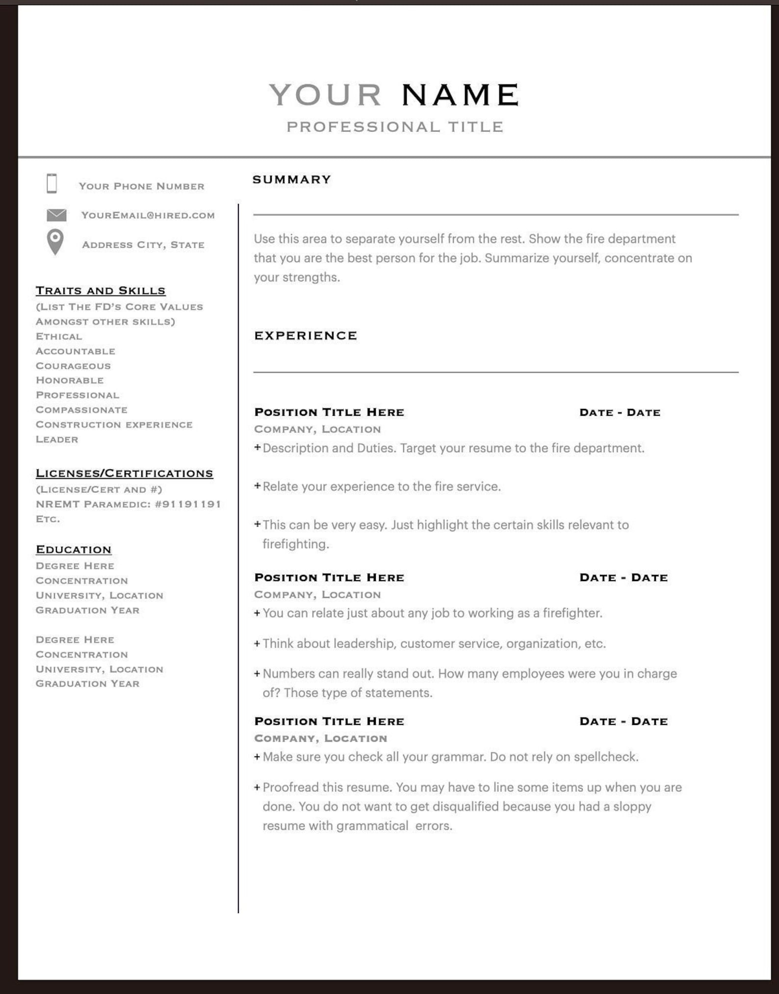 Modern Firefighter Resume Template - Etsy
