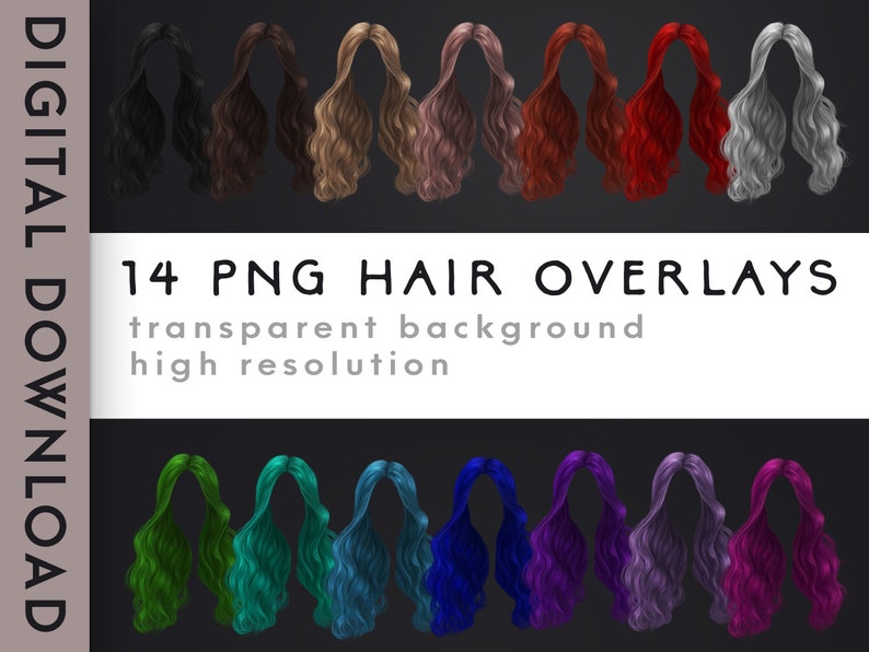Digital Hair Overlays - Instant Download of Wavy Hairstyles, 14 PNG Clipart Fit for Editing and ...