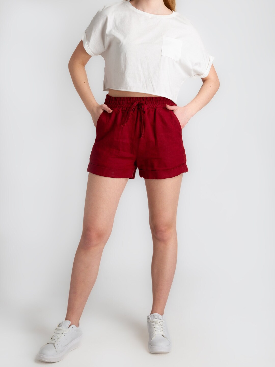Burgundy Linen Shorts Linen Midi Short Pocket Short Waist Tied Linen Shorts 100 Pure Linen