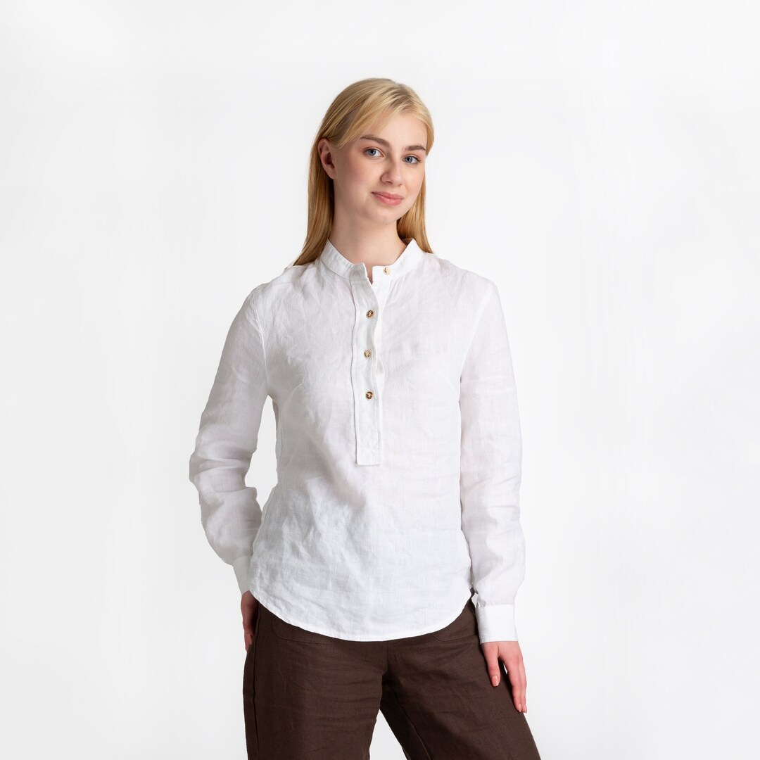 White Linen Blouse Buttoned V-neck Linen Tops Long Sleeve Linen Blouse ...