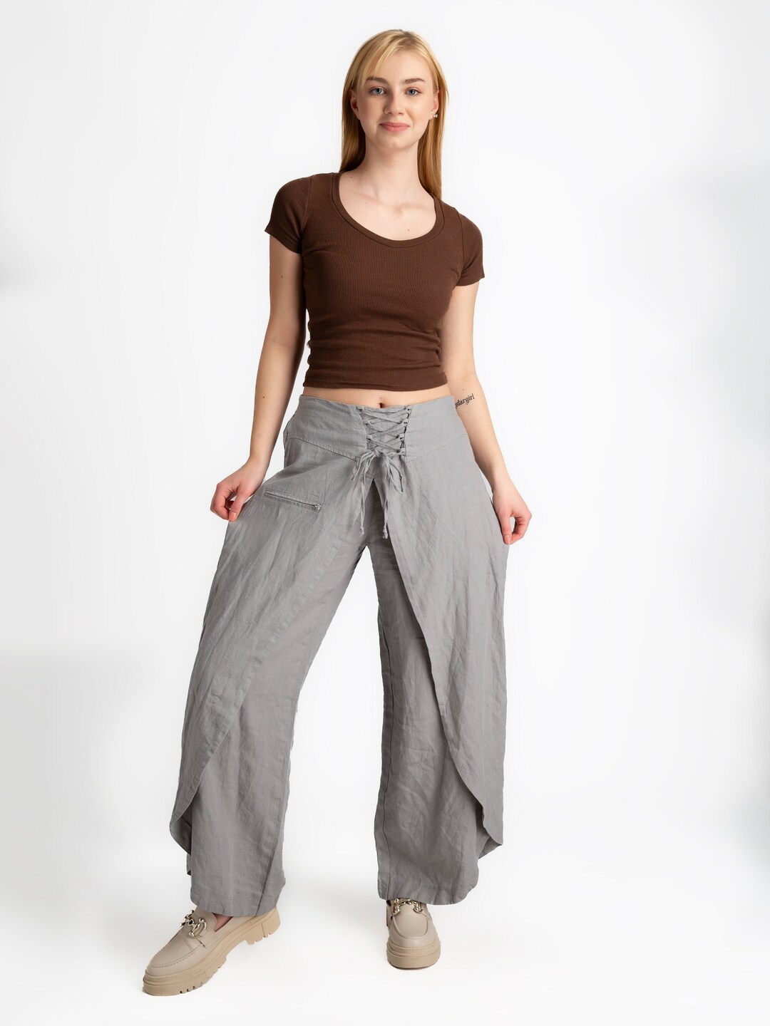 Gray Linen Pants Linen Cowboy Trousers Wide Leg Trousers High Waist ...