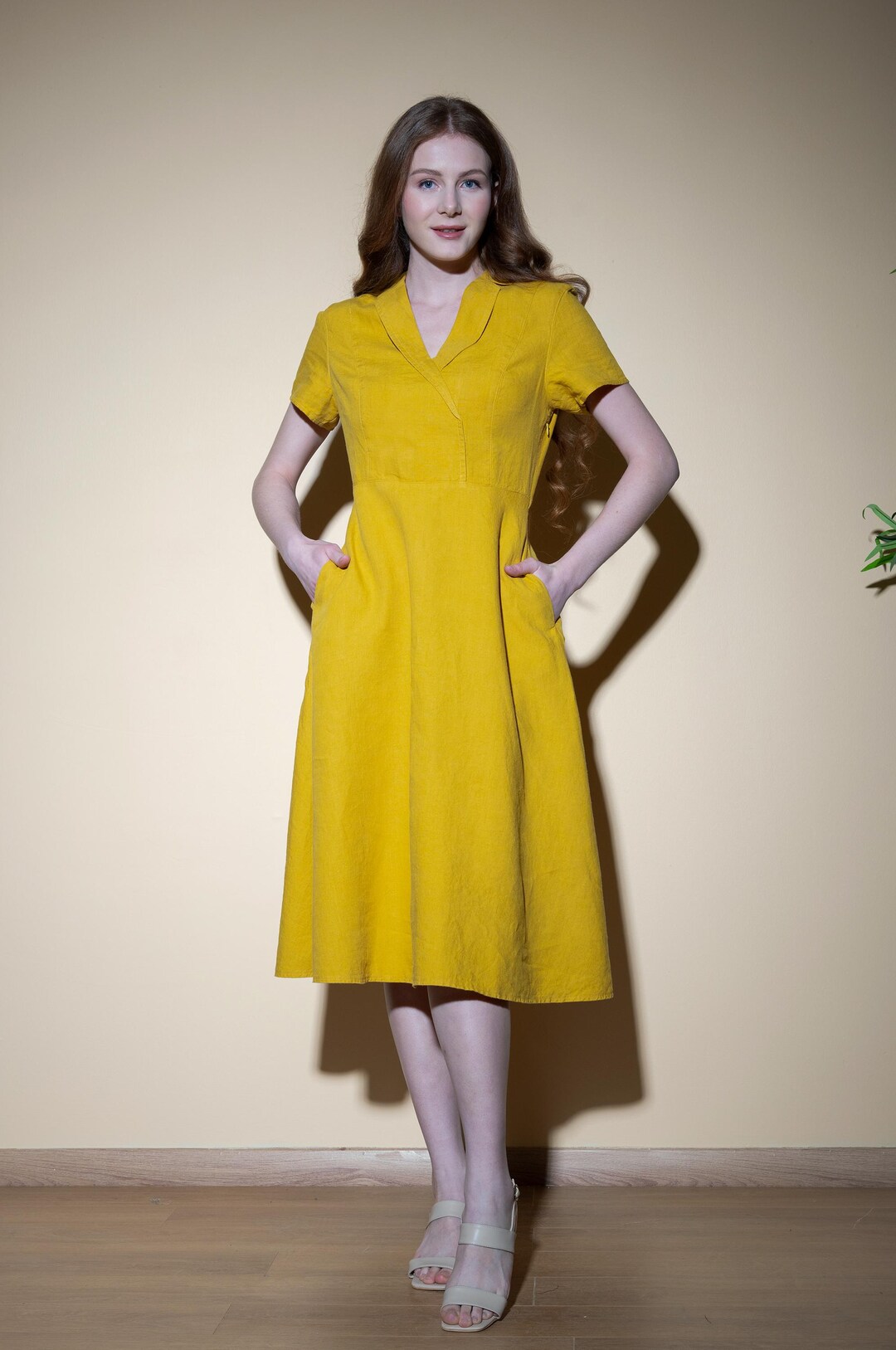 Tailored Neck Dress | Linen Dress for Women | Short Sleeve Dress | Midi ...