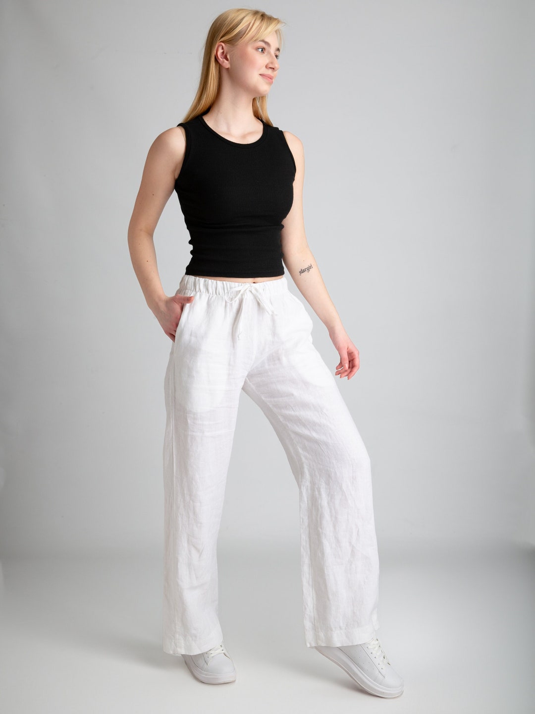 White Linen Pants Pants for Women Linen Trousers With Pockets Low Waist ...