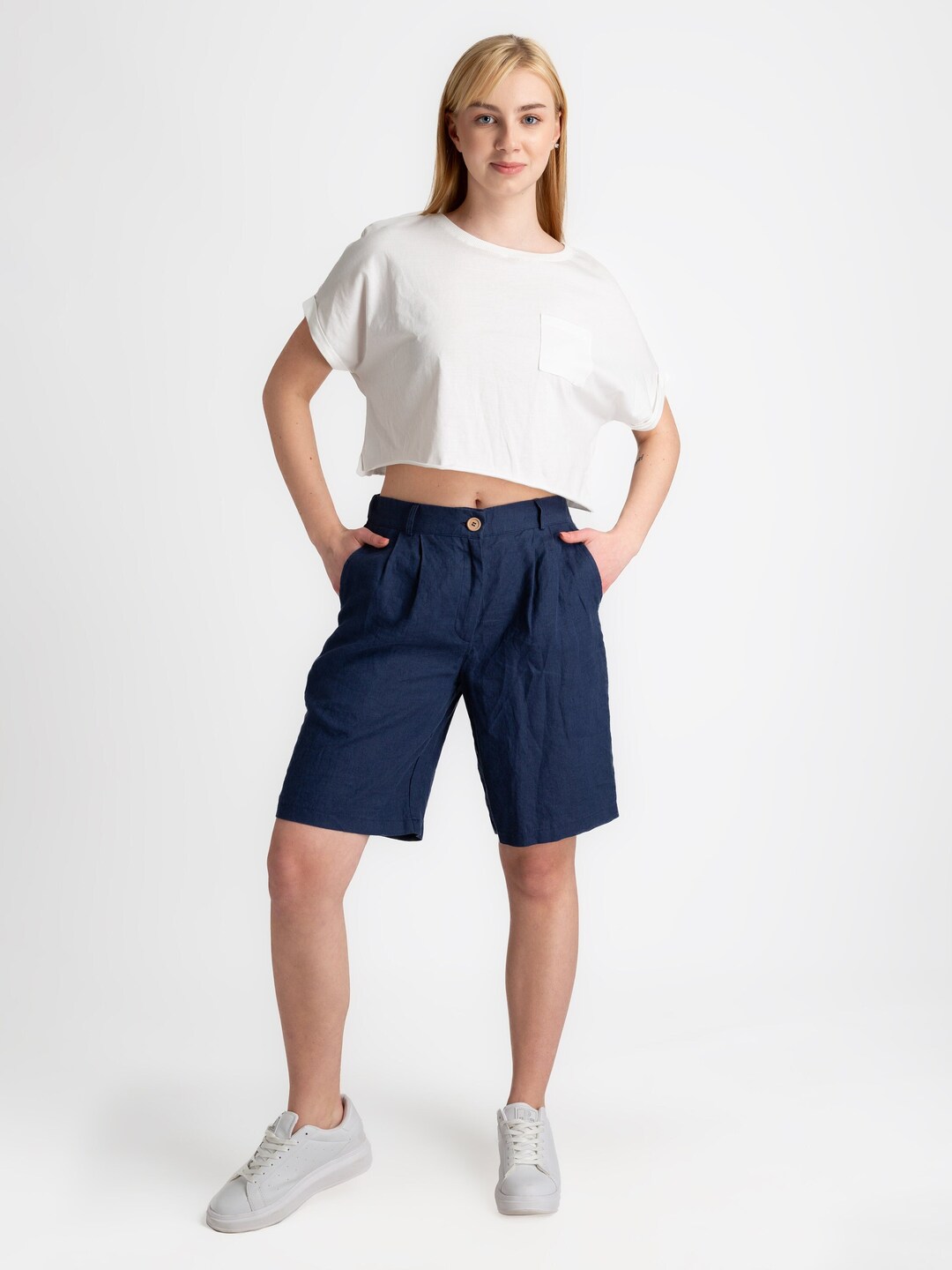 Blue Linen Shorts With Pockets Button-front Linen Shorts %100 Pure ...