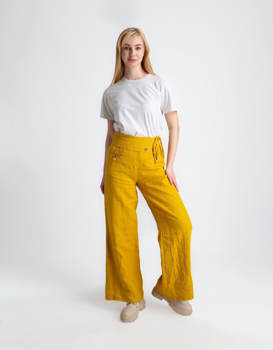 Linen Pants Linen Trousers With Pockets Corted Waist and Buttoned Linen ...
