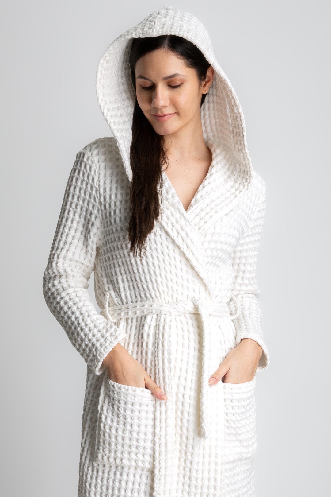 Hooded Cotton Bathrobe, Bath Robe for Women and Man, Cotton Waffle Robe ...