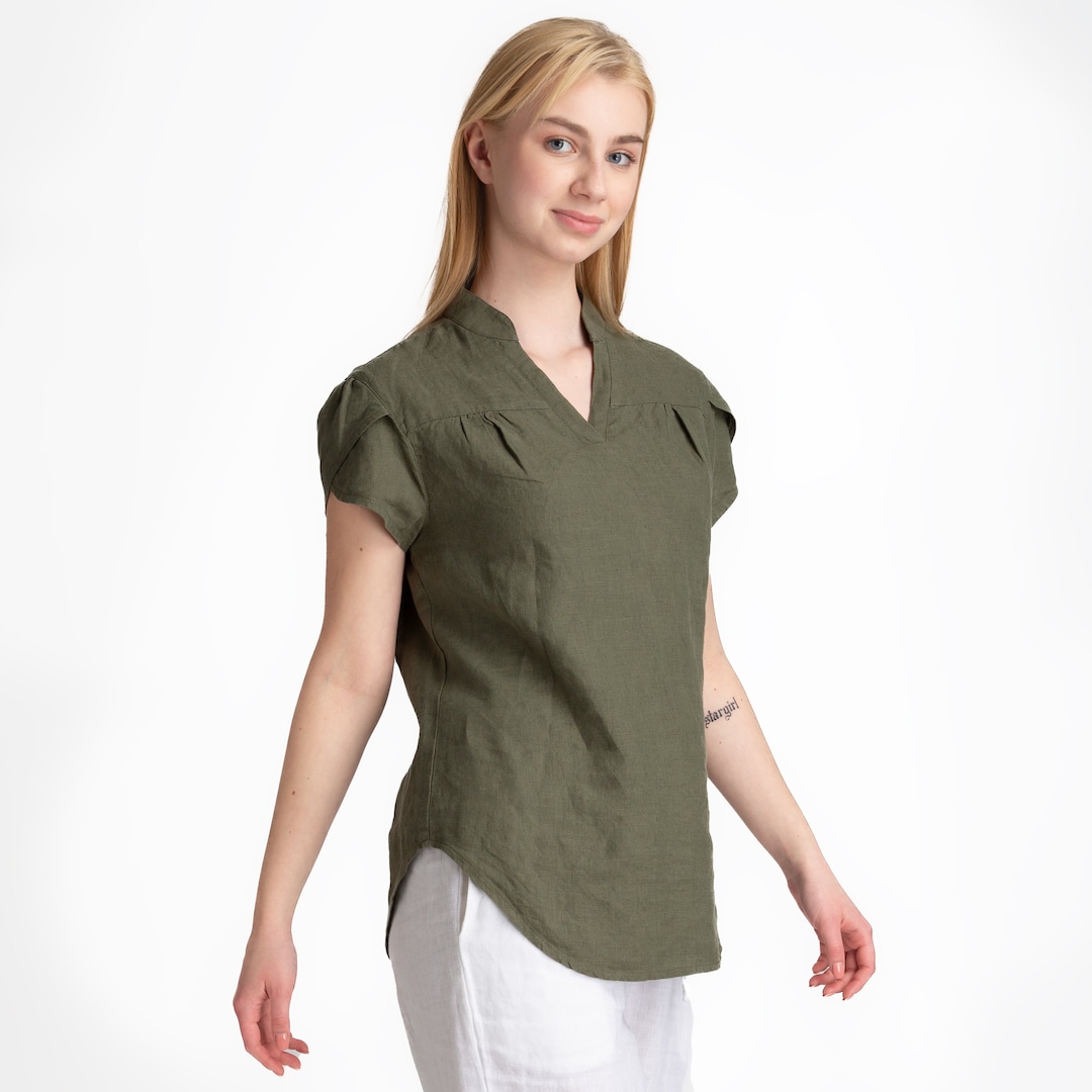 Linen Blouse Linen Tops Short Sleeve Linen Blouse V-neck Linen Blouse ...