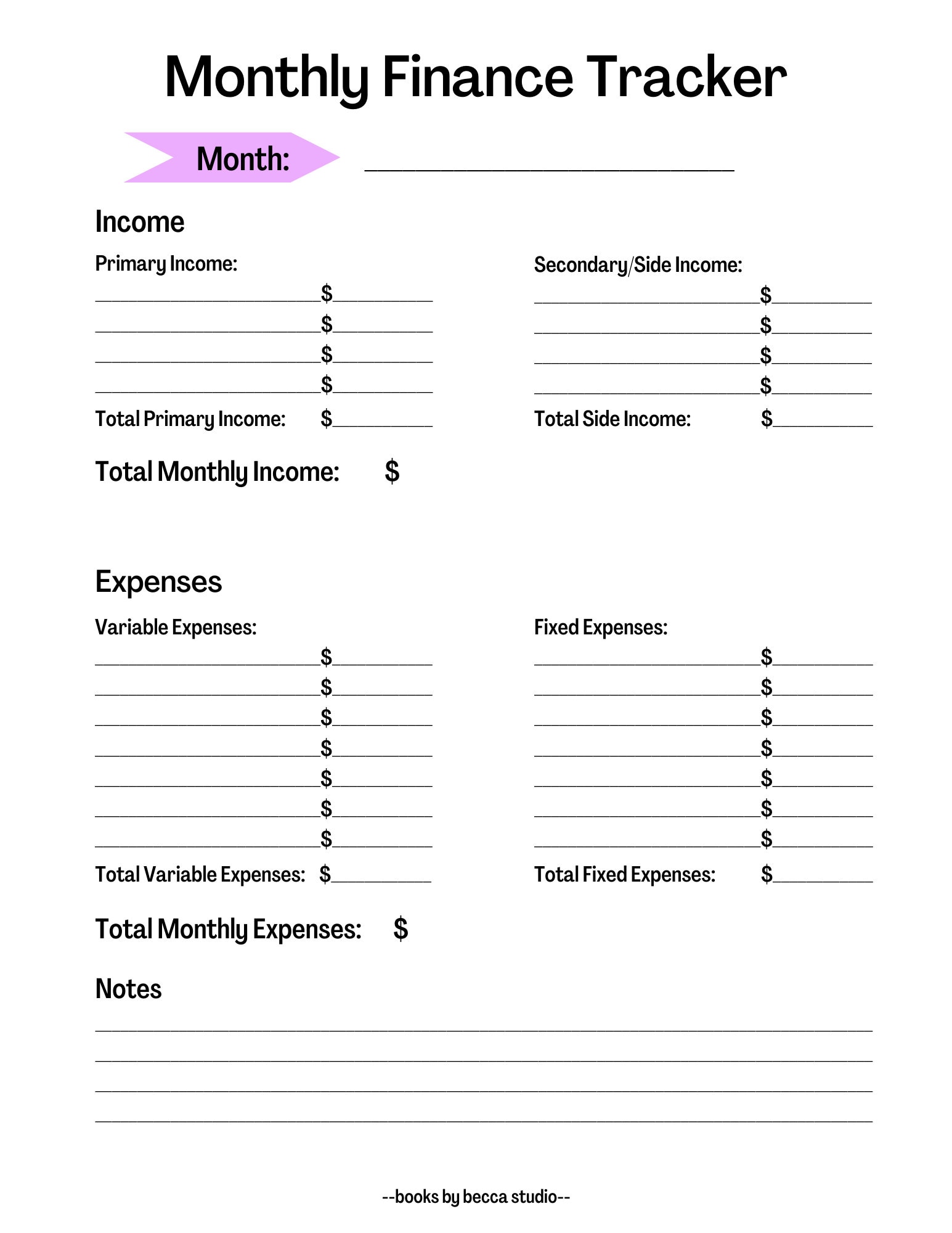 DOWNLOADABLE PRINTABLE Monthly Finance Tracker - Etsy